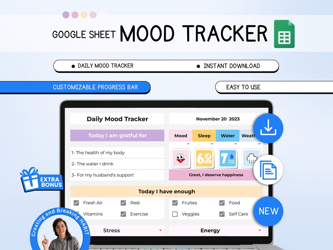 DAILY MOOD TRACKER Spreadsheet Google Sheet, Mood Journal Google Sheet ...