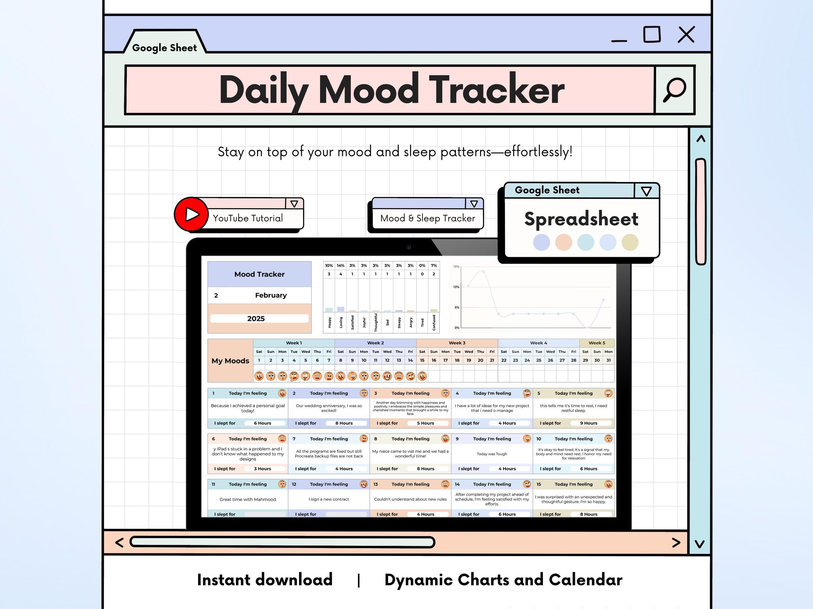 Daily Mood Tracker Spreadsheet: Google Sheets Template (digital ...