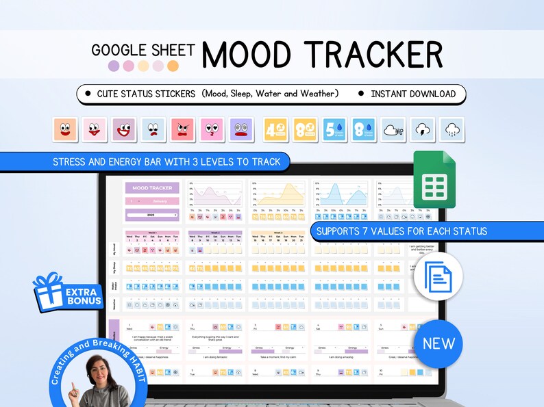 DAILY MOOD TRACKER Spreadsheet Google Sheet, Mood Journal Google Sheet Template, Feeling and ...