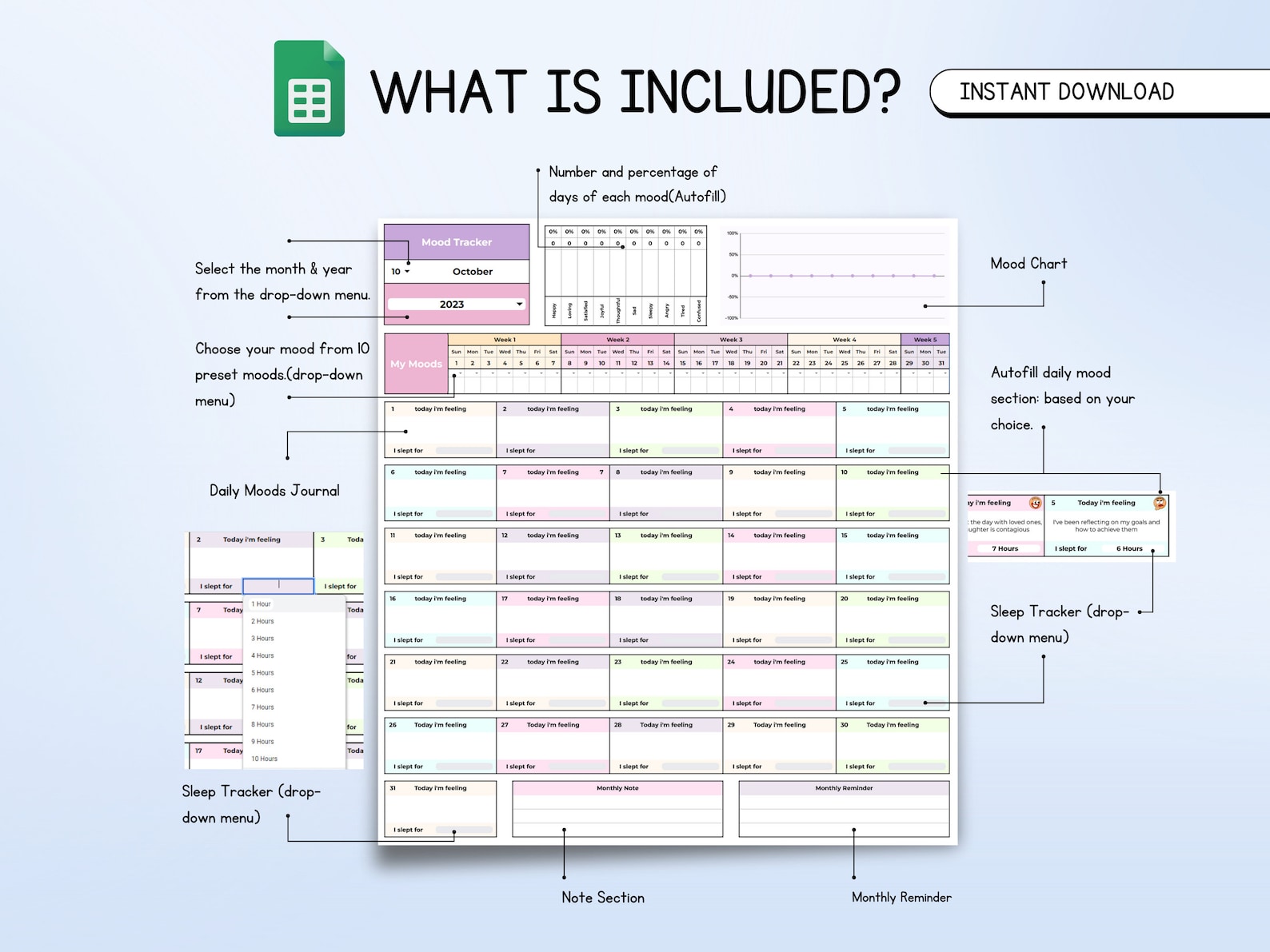 DAILY MOOD TRACKER Spreadsheet Google Sheet, Mood Journal Google Sheet ...
