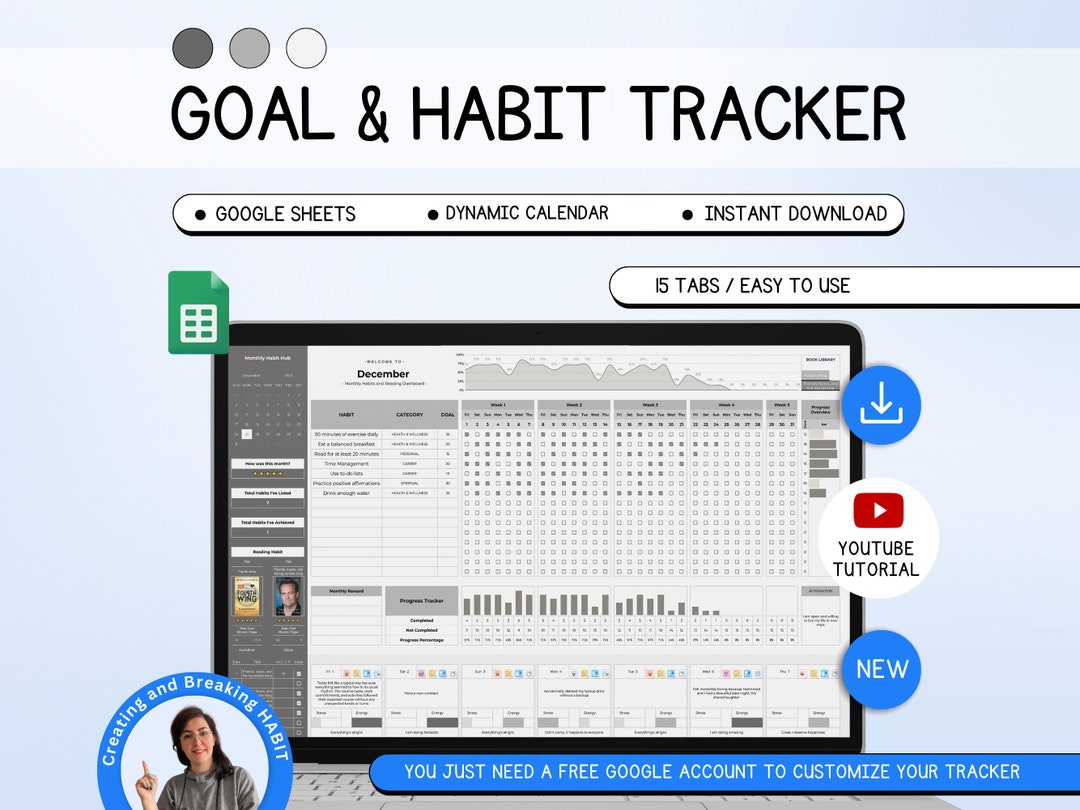 Customizable Habit Tracker Spreadsheet for Google Sheets, Habit and ...