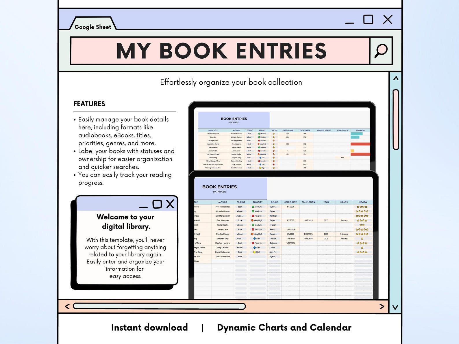 Digital Book Tracker & Reading List, Google Sheets Reading Journal ...