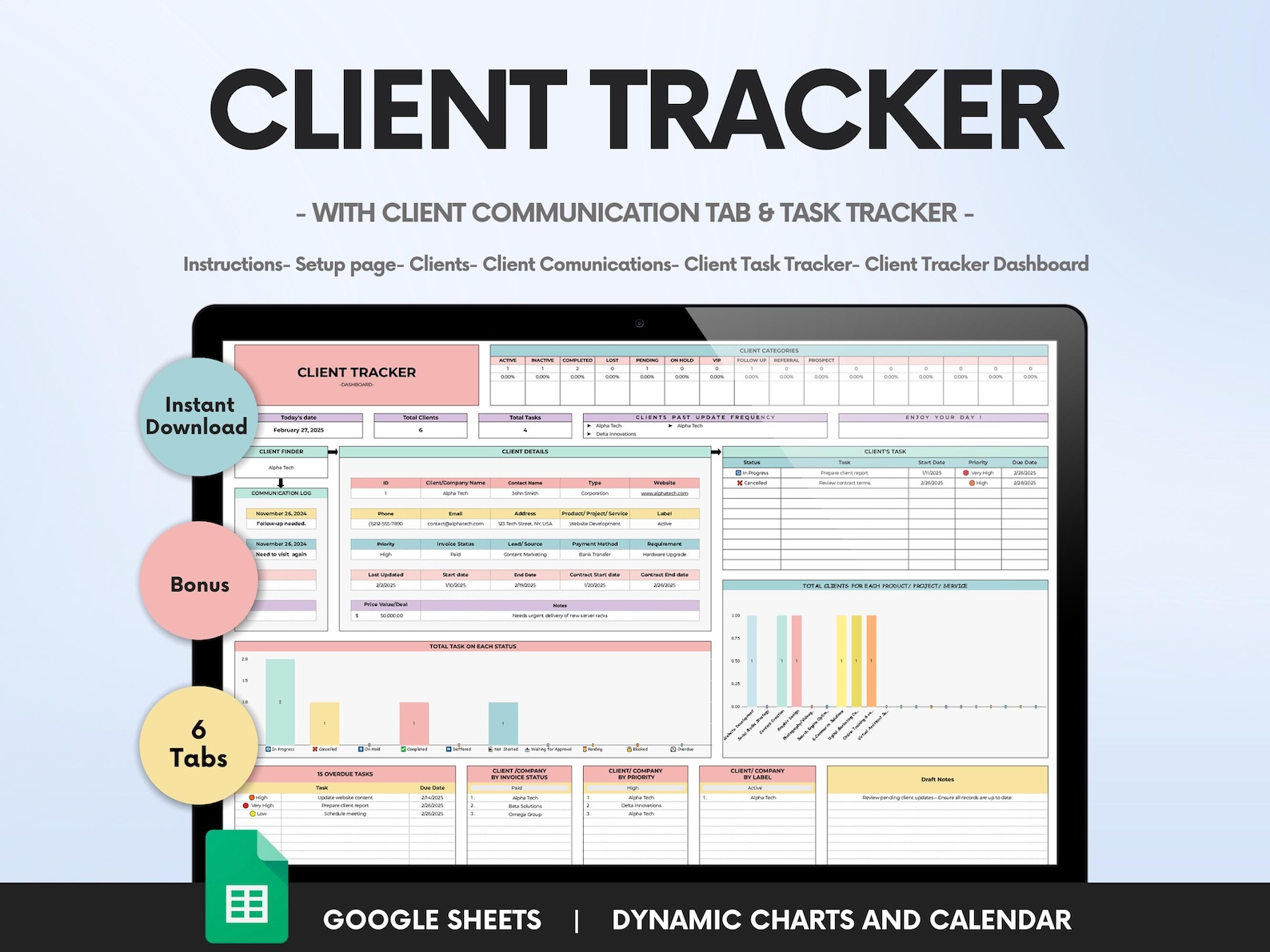 Client Management Spreadsheet Template for Google Sheets (digital ...