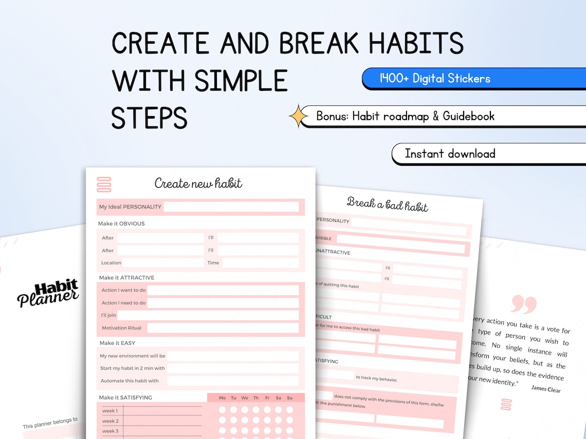 ATOMIC HABITS WORKBOOK, Habit Formation Worksheets. Pink Habit Planner ...