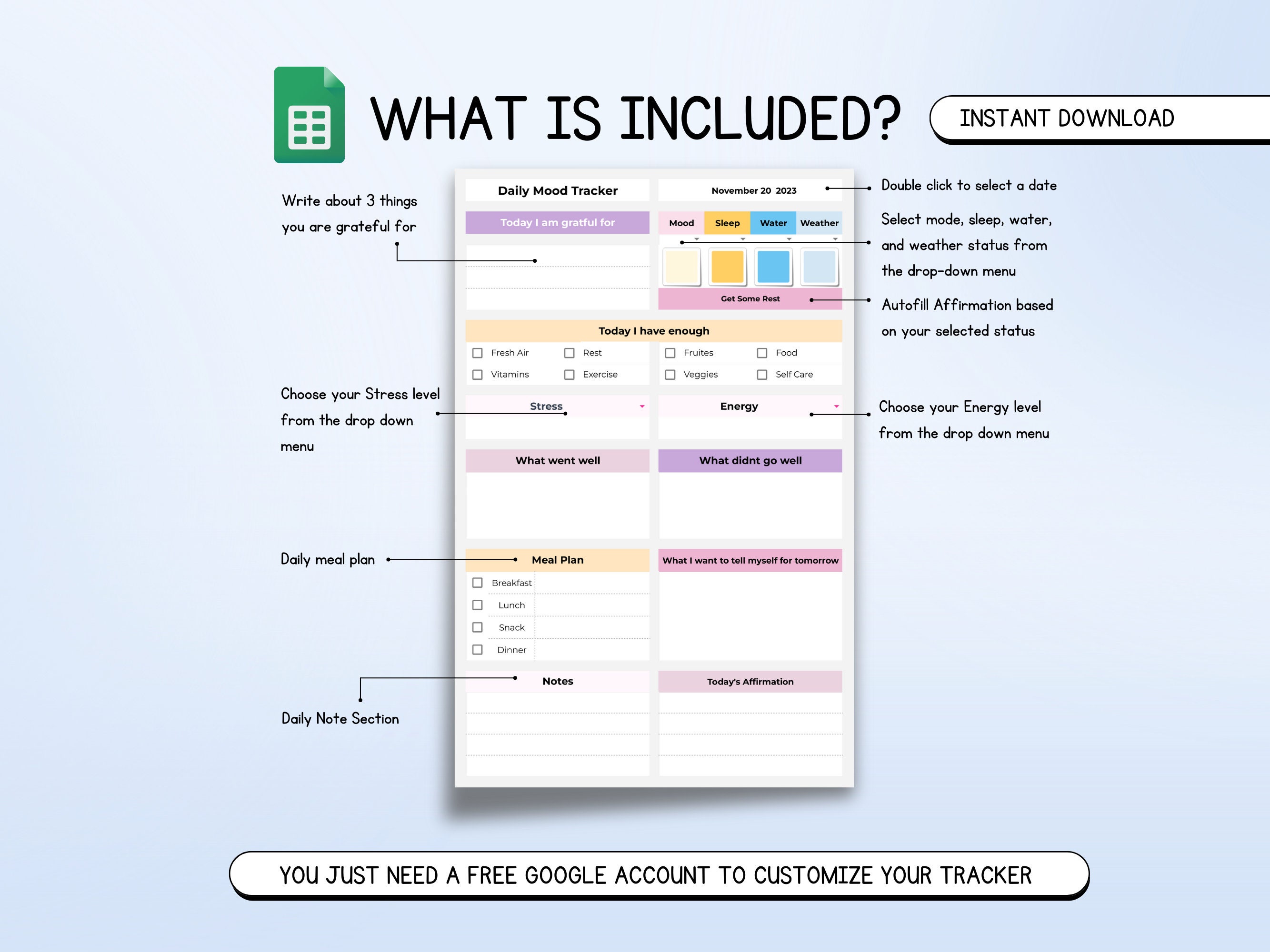 DAILY MOOD TRACKER Spreadsheet Google Sheet, Mood Journal Google Sheet ...