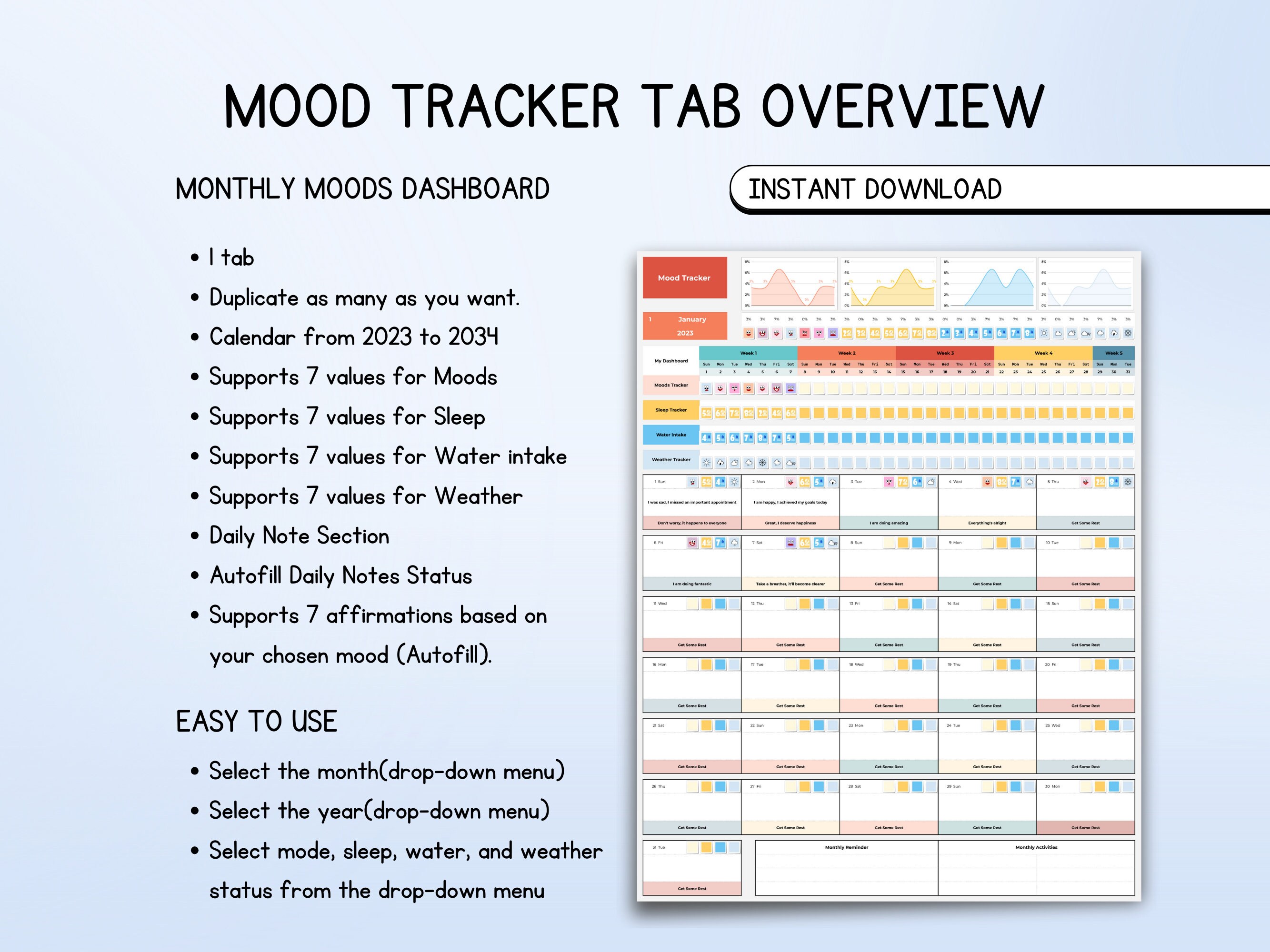 Digital Mood Tracker Spreadsheet, Google Sheets Template, Daily Mood ...