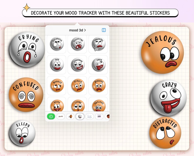 Emoji Stickers, Emotions Chart Stickers, MOOD Tracker Sickers, Digital ...