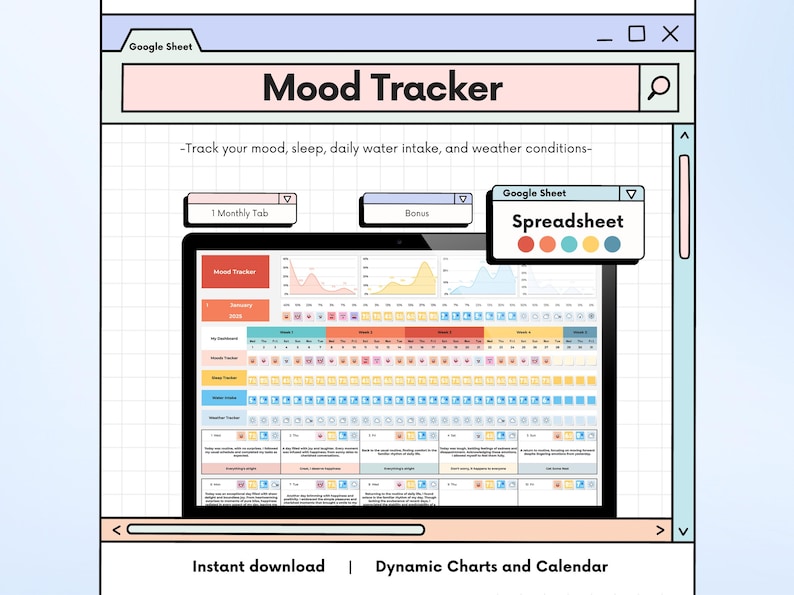 Digital Mood Tracker Spreadsheet, Google Sheets Template, Daily Mood Tracker, Mood Journal, Mood ...