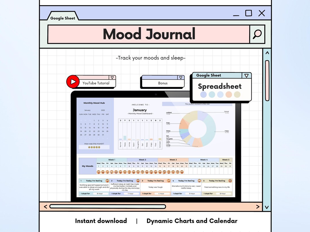 Digital Mood Journal Spreadsheet, Google Sheet Tracker, Mood Tracker ...