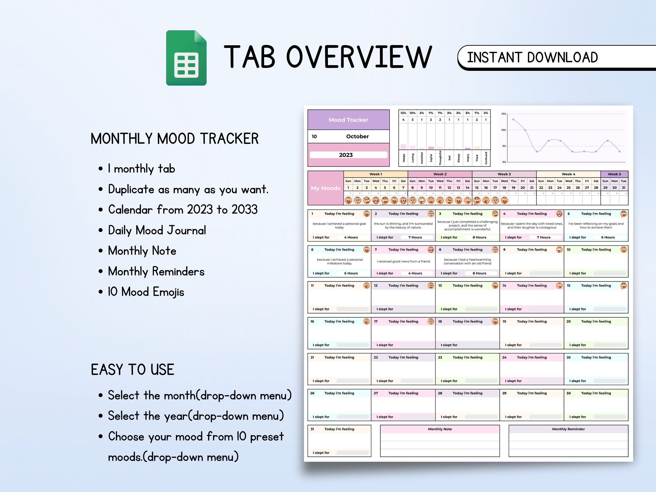 DAILY MOOD TRACKER Spreadsheet Google Sheet, Mood Journal Google Sheet Template, Feeling and ...
