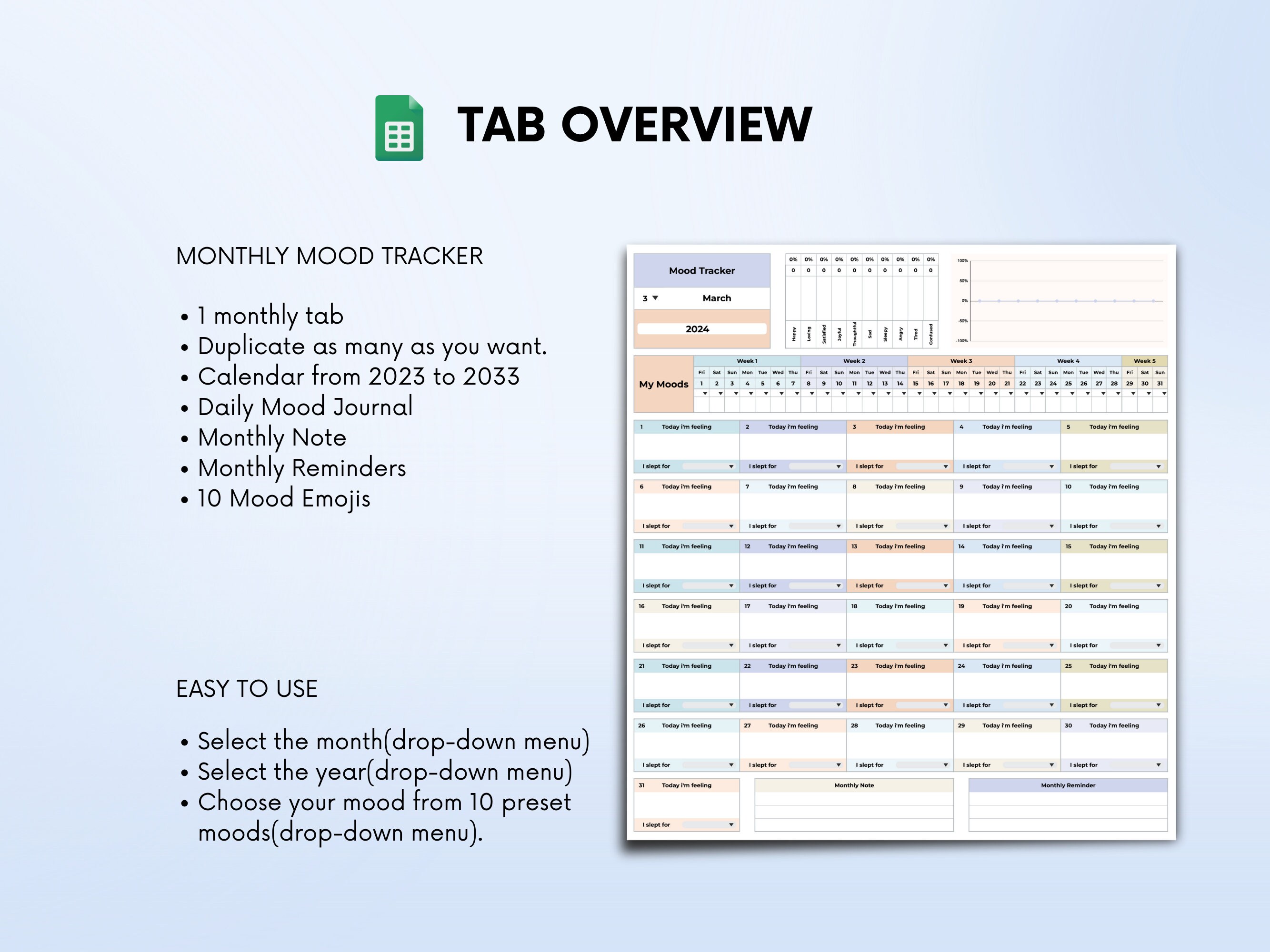 Daily Mood Tracker Spreadsheet: Google Sheets Template (digital ...