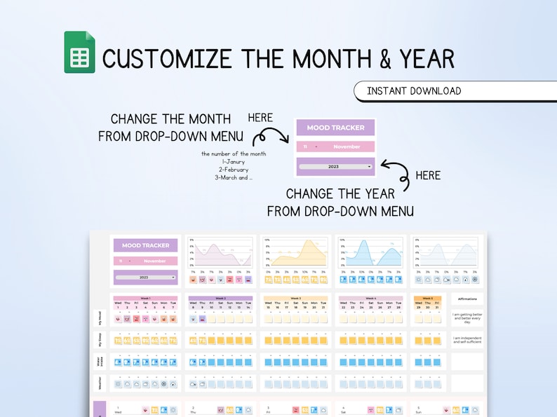 DAILY MOOD TRACKER Spreadsheet Google Sheet, Mood Journal Google Sheet ...