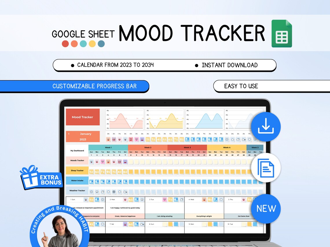 Digital Mood Tracker Spreadsheet, Google Sheets Template, Daily Mood ...