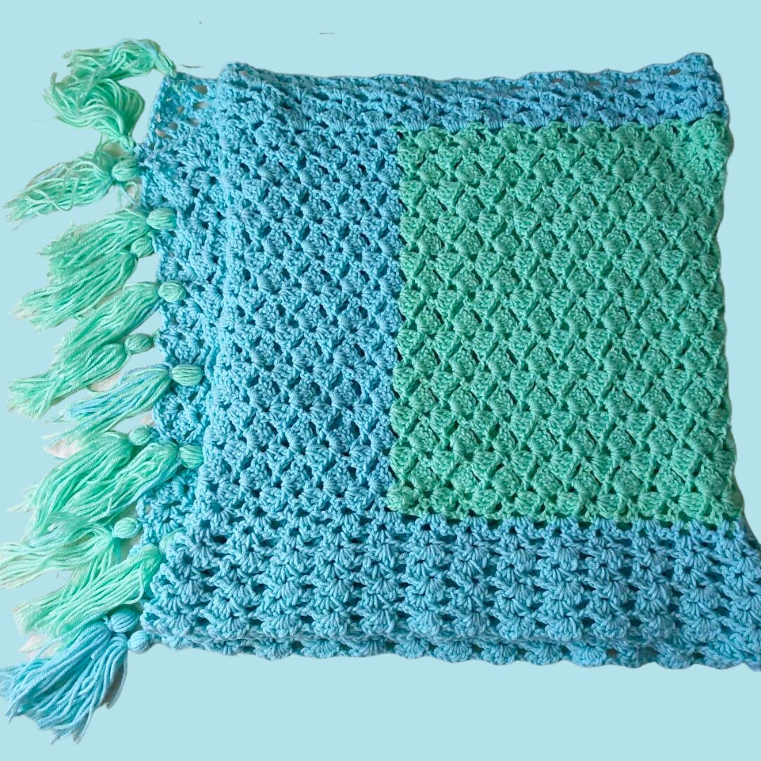 Sky Blue Mint Green Shawl: Winter Style, Couch Throw, Handmade Crochet ...