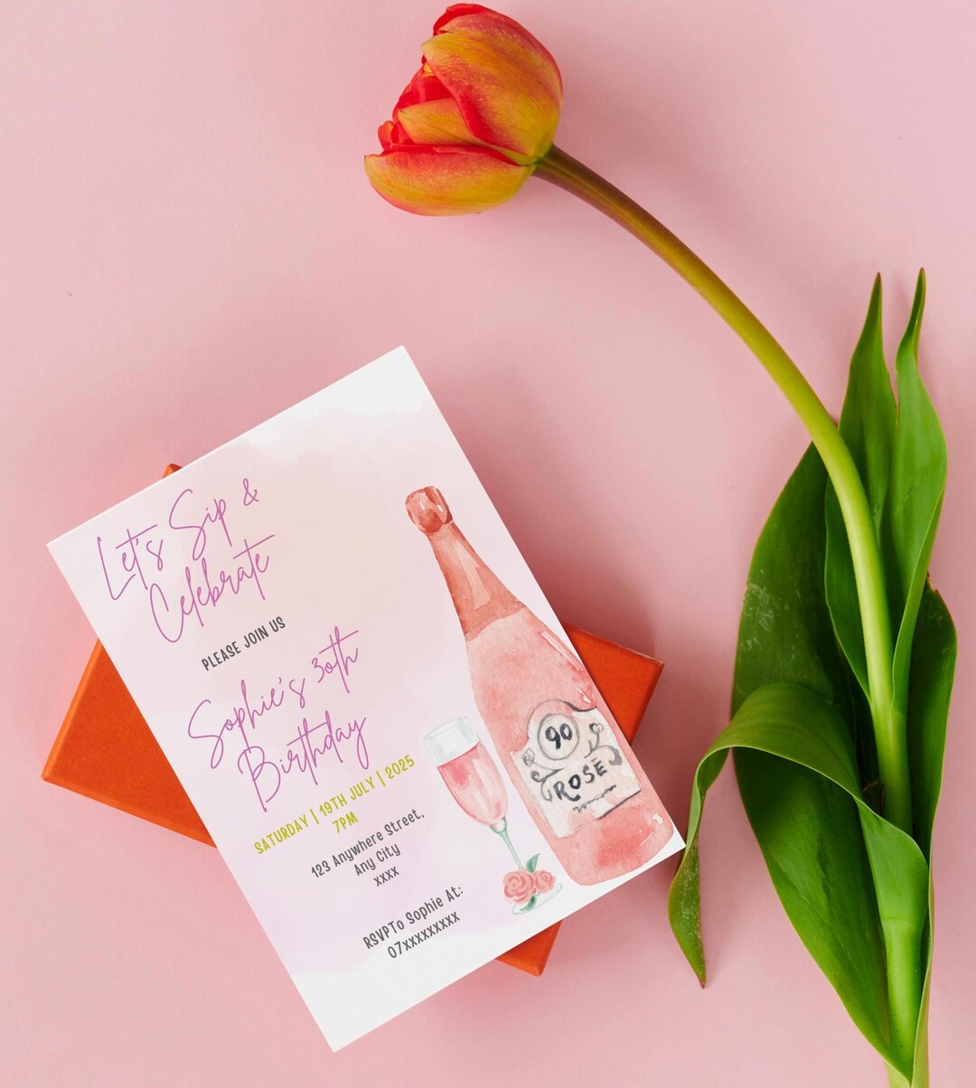 Editable Ladies Pink Rose Prosecco Birthday Party Invitation - Girls ...