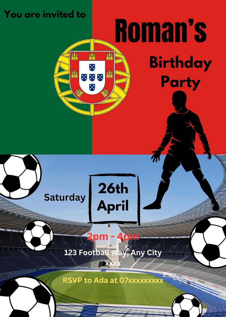 Editable Ronaldo Football Birthday Party Invitation - Boys Girls ...