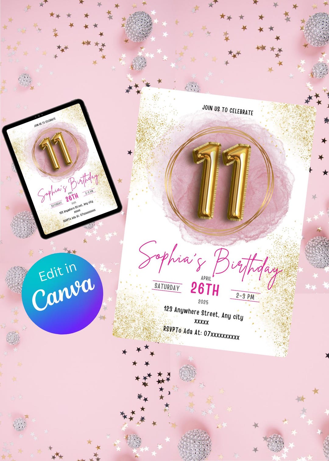 Editable Kids 11th Birthday Party Invitation Pink and Gold - Girls Boys ...
