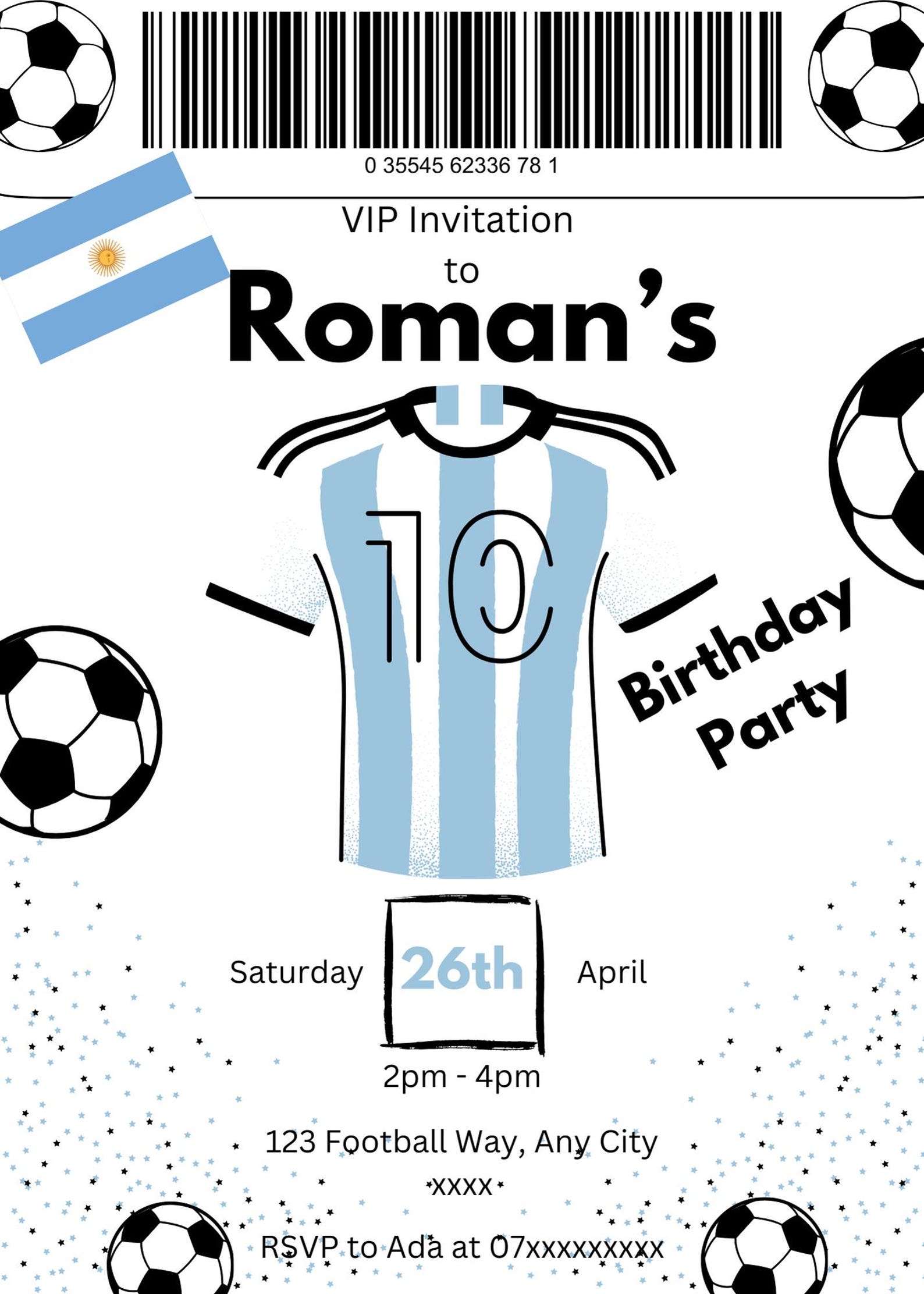 Editable Messi Football Birthday Party Invitation - Boys or Girls Blue ...