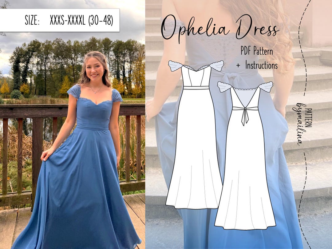 Patrón del vestido "Ophelia" (tallas XXXS-XXXXL) - Descarga instantánea ...