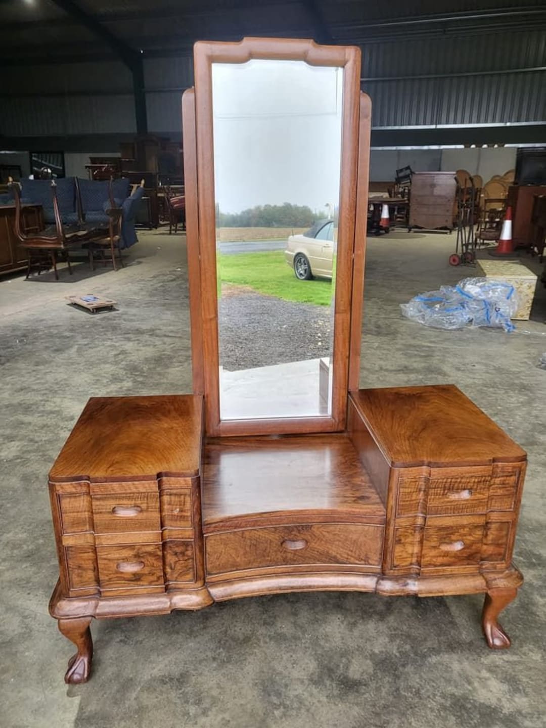 Antique Repro Walnut Low Dressing Table Full Length Mirror Cabriole ...