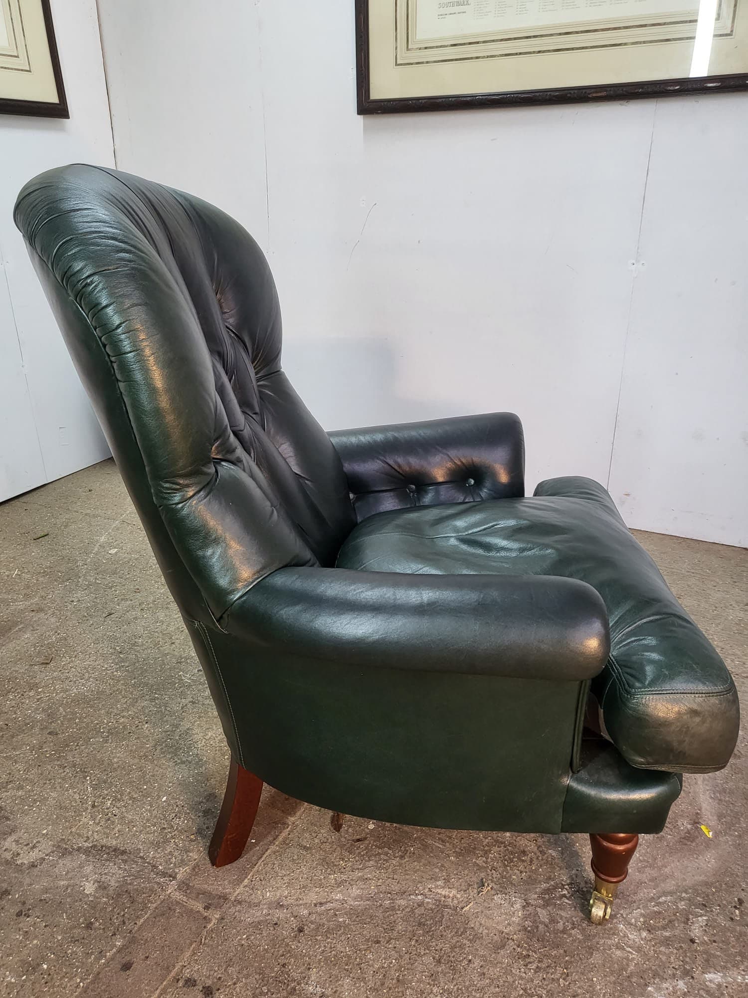 Antique Repro Green Leather Button Back Parlour Armchair Feather ...