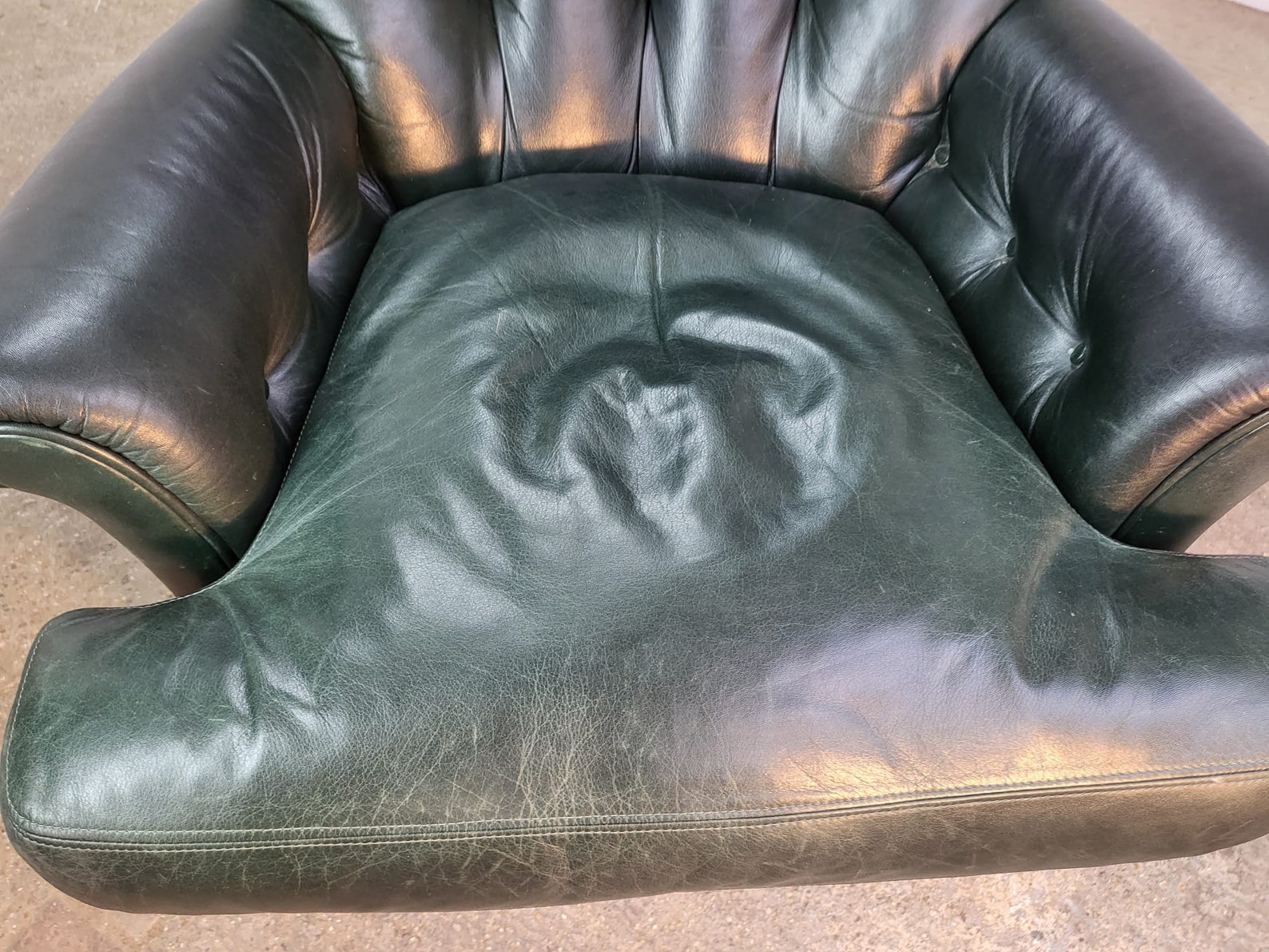 Antique Repro Green Leather Button Back Parlour Armchair Feather ...