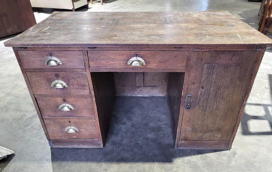 Vintage Solid Oak Twin Pedestal Knee Hole Desk Drawers Cupboard - Etsy