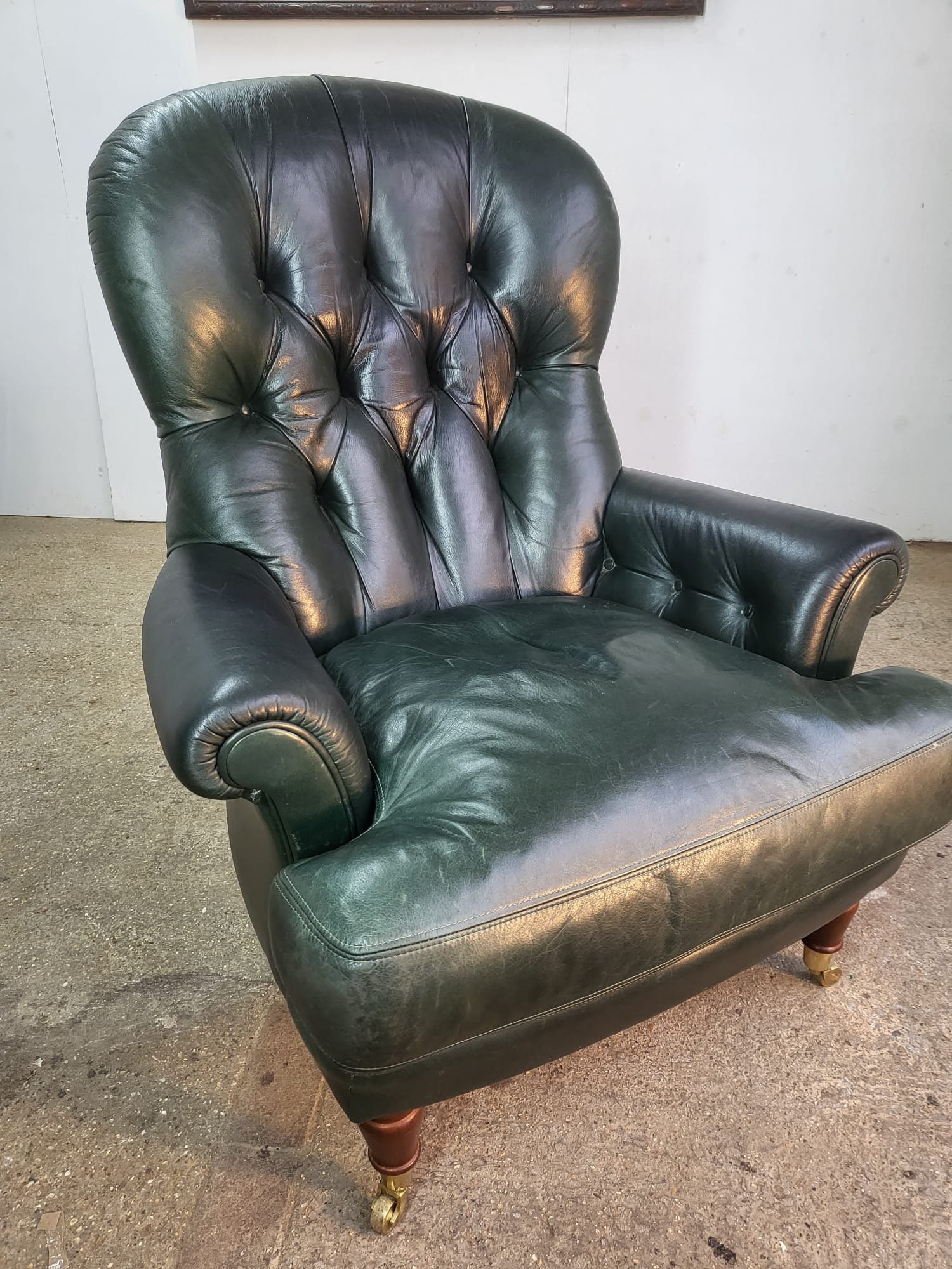 Antique Repro Green Leather Button Back Parlour Armchair Feather ...