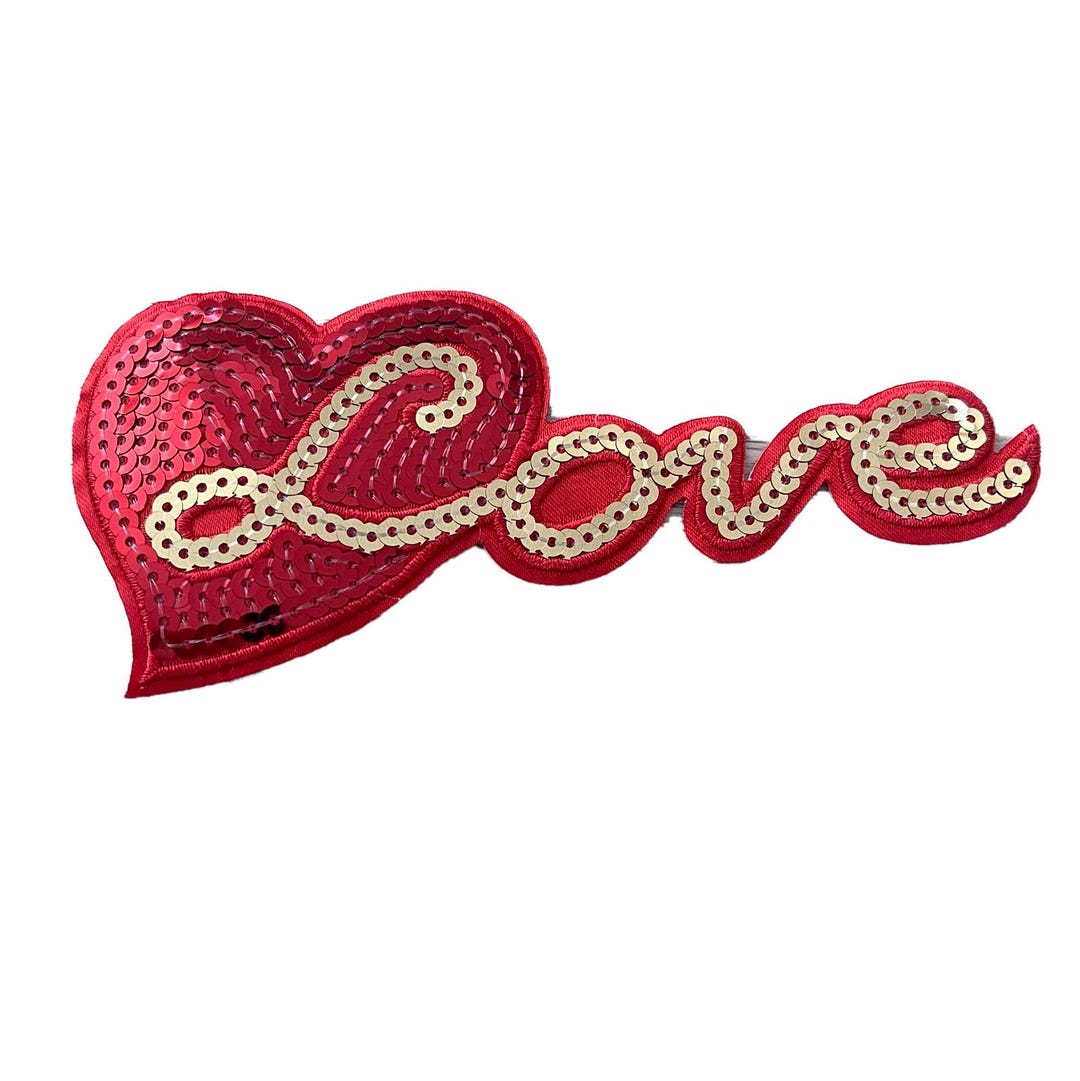 Love Heart Sequin Iron on Sew on Heat Transfer Patch , Sequin Love ...