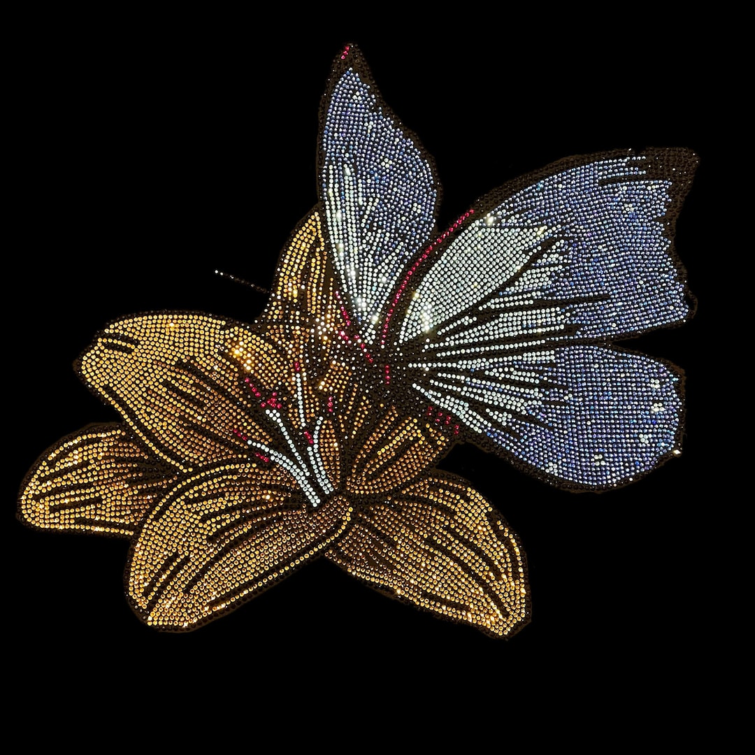 Flower With Butterfly Rhinestones Design , Iron on Rhinestone Transfer ...