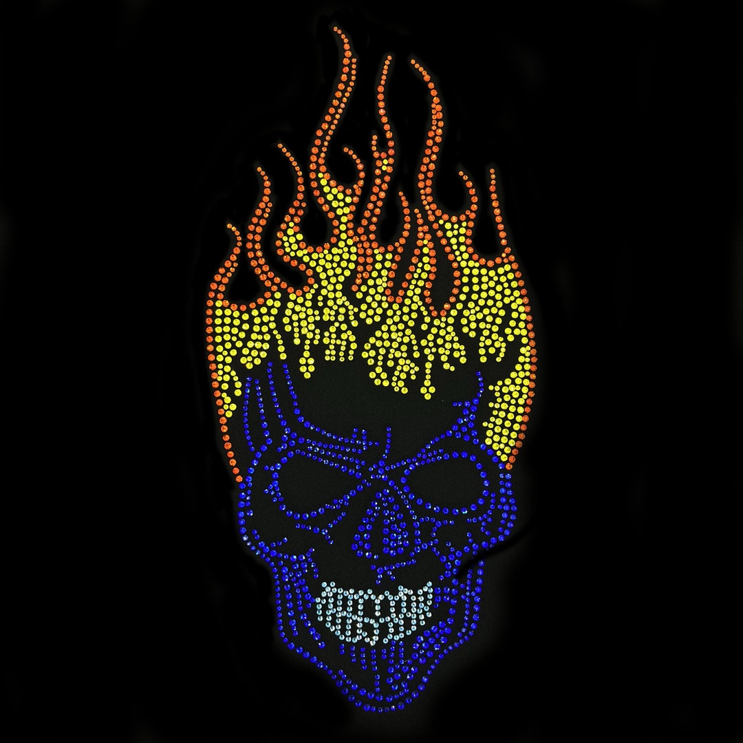 Flame Skull Rhinestone Bling Transfer , Iron on Skeleton Patch ...