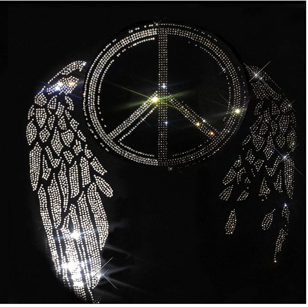 Peace Sign Rhinestone Design , Iron on Peace Sign Angel Wings , Crystal ...
