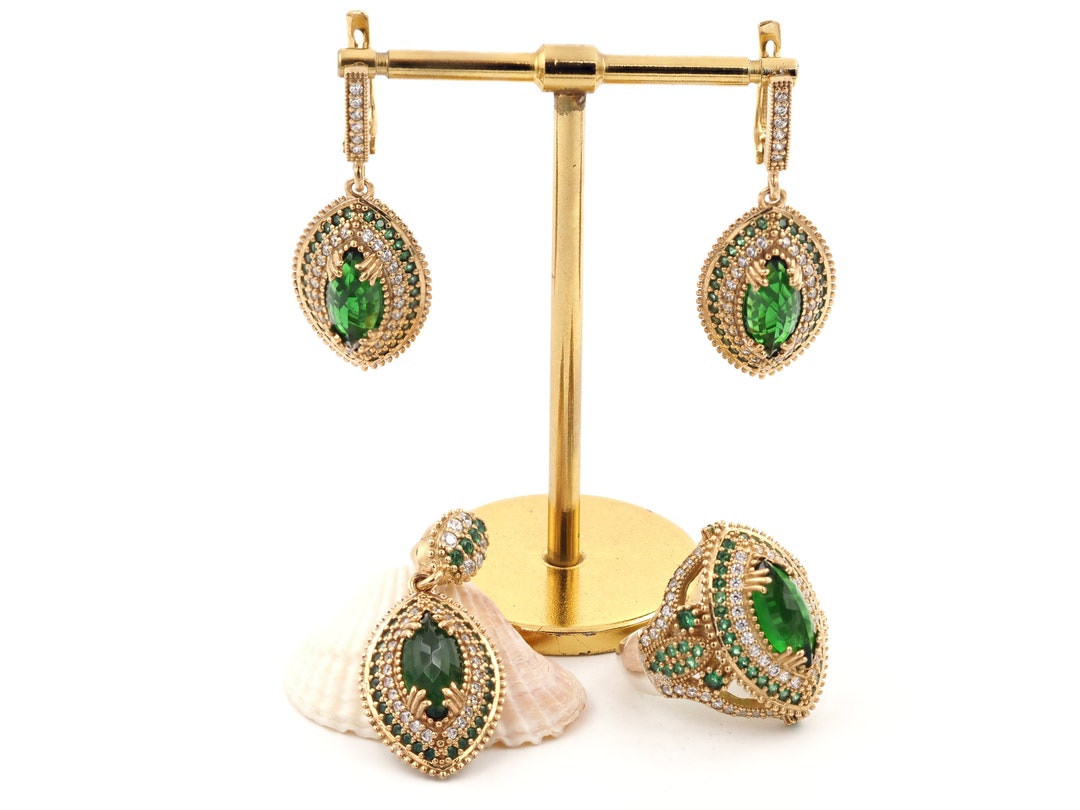 Emerald Green Marquise Cut Stone Jewelry Set 925 Sterling Silver and ...