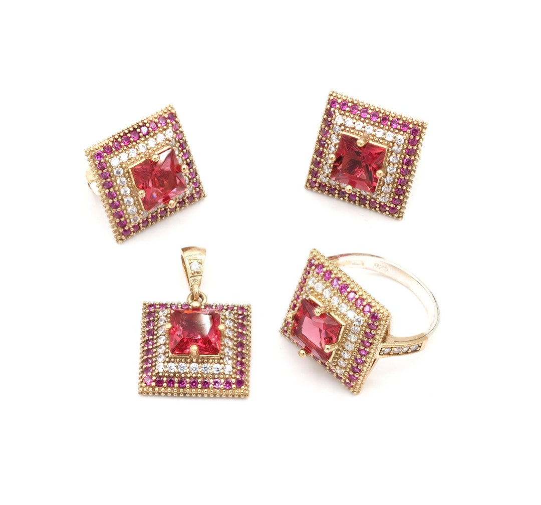 Turkish Handmade Ruby Square Shape Silver and Bronze Jewelry Sets ...