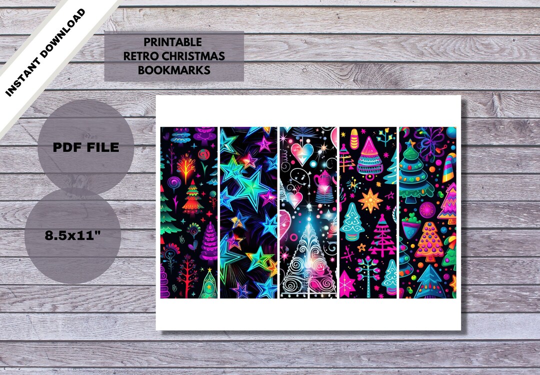 5 Printable Bookmarks in Christmas Neon Design, 5 Neon Christmas ...