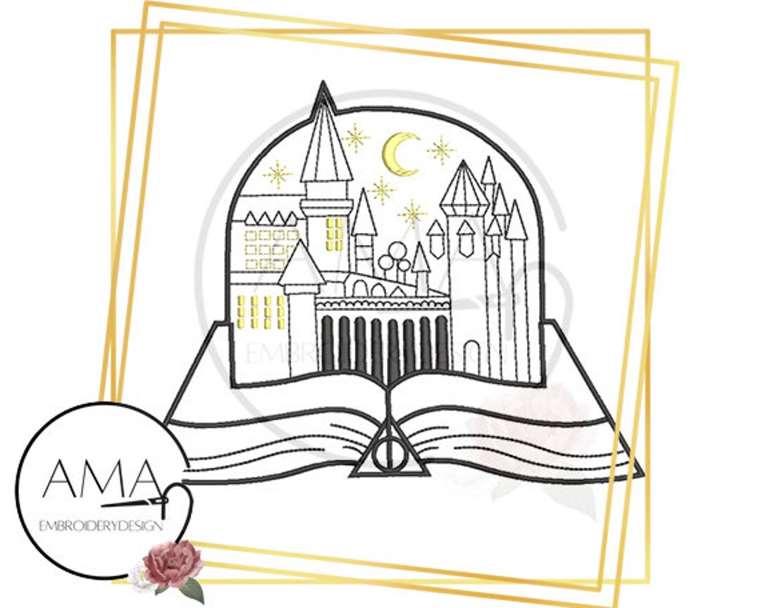 Magic School Castle at Night in a Book Embroidery Design - Wizarding ...