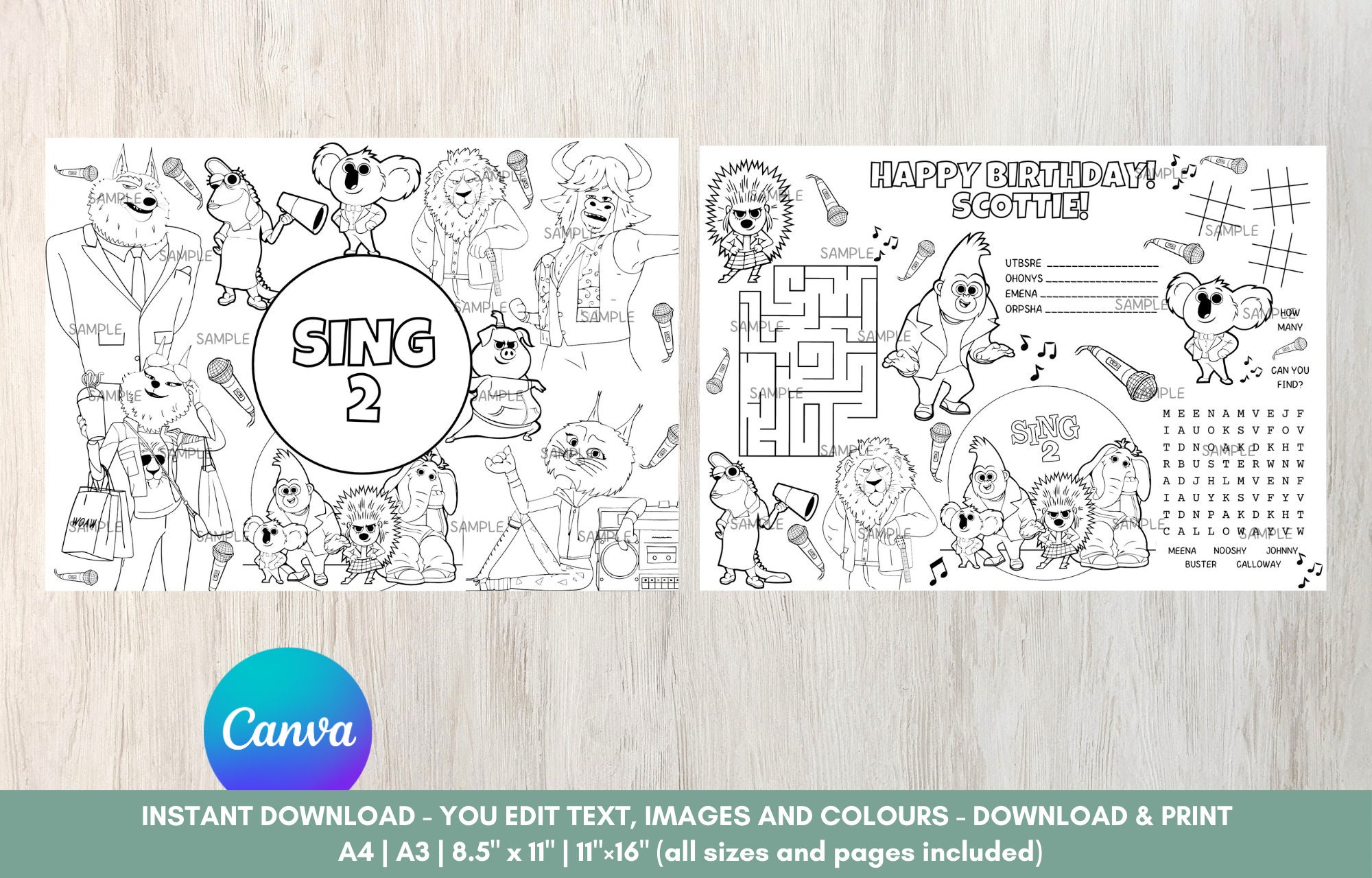 EDITABLE Hoja de actividades A3 y A4 de Sing 2 / Hoja para colorear de ...