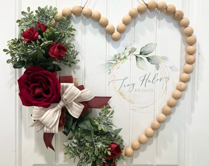 Heart Shape Wreath Wood Bead Wreath Red Wreath Roses - Etsy