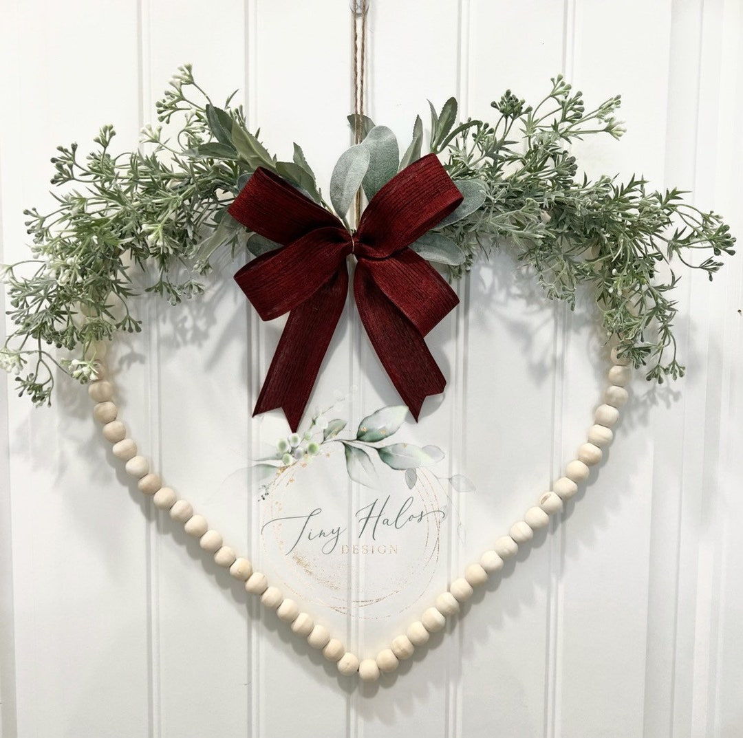 Heart Wreath, Wood Bead Wreath, Wedding Wreath, Door Hanger, Spring ...
