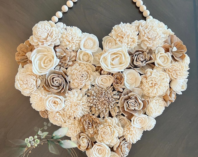 Flower Heart Decor, Wood Flower Heart Decor, Heart Door Decor, Door ...