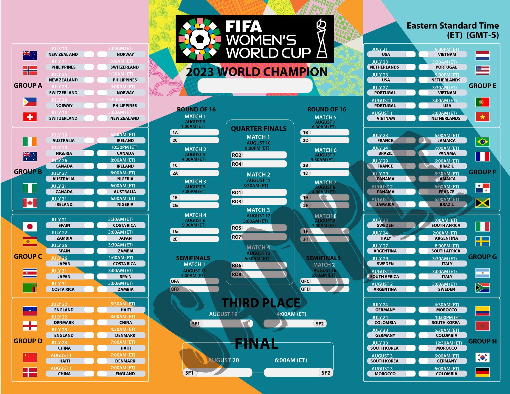 Soccer Womens World Cup 2023 Est Schedule Calendar Eastern Etsy Canada