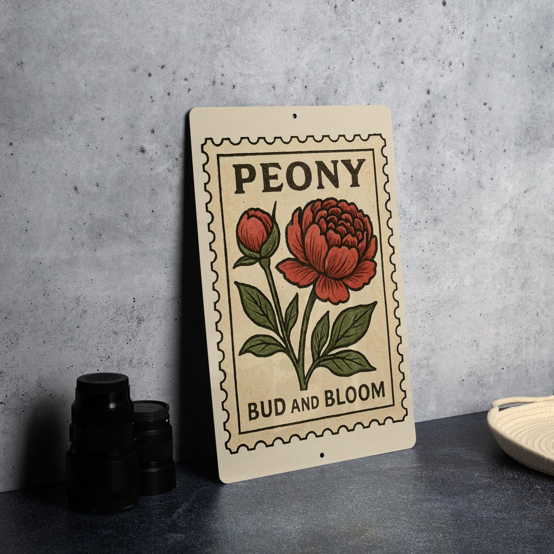Peony Bud and Bloom Metal Sign – Vintage Botanical Stamp Style Wall Art ...