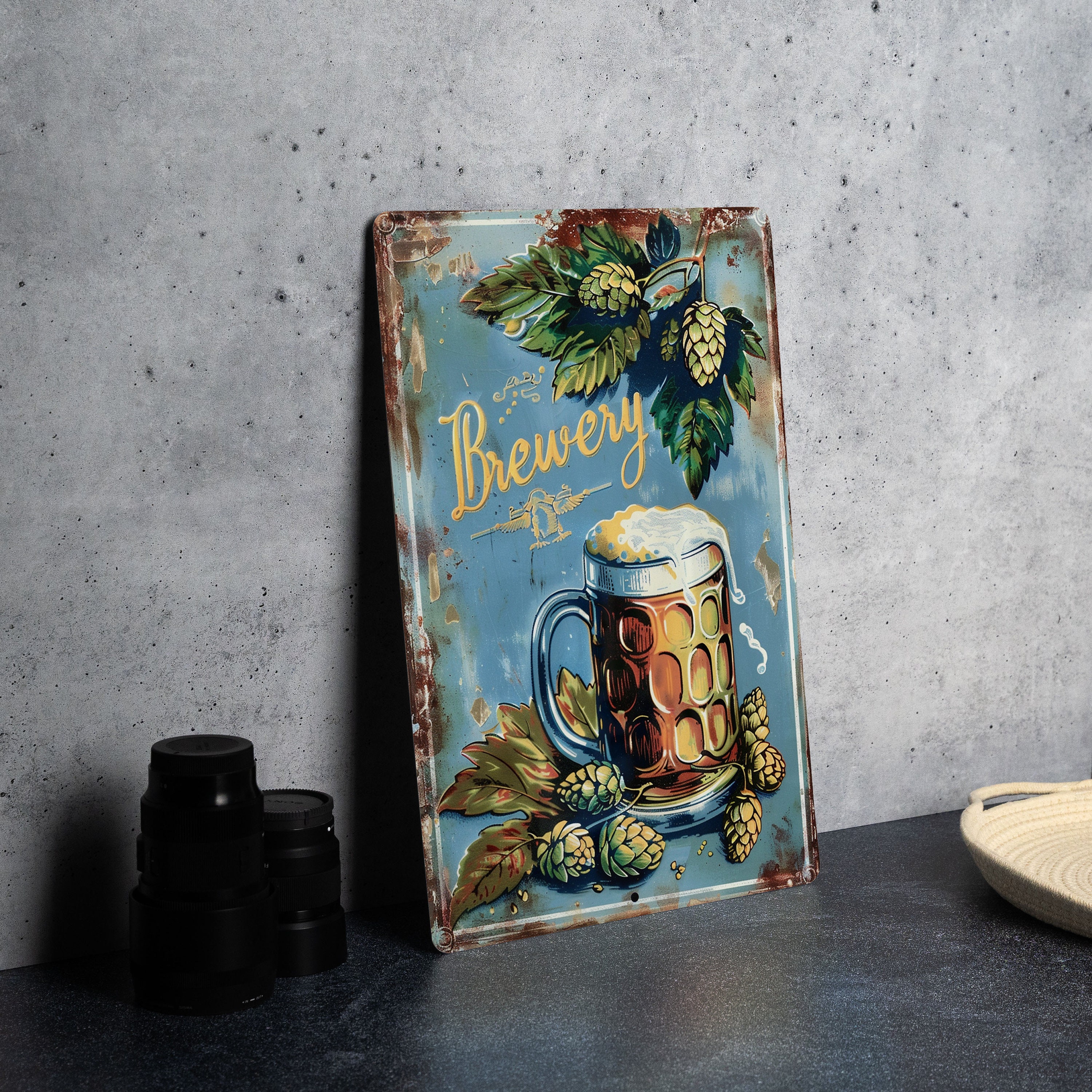 Vintage Brewery Metal Sign, Old-fashioned Beer Stein, Cool Blue Tones ...