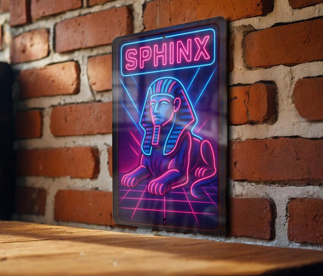 Retro 1980s Neon Sphinx Lion Metal Sign – Cosmic Grid, Hot Pink ...