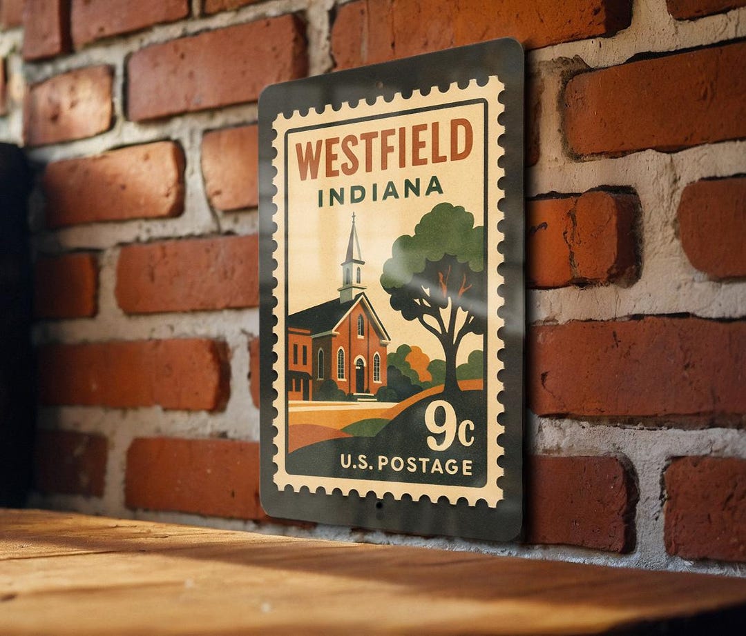 Westfield Indiana Metal Sign – Retro Postage Stamp Design Featuring ...