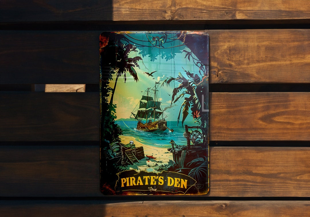 Pirate's Den Vintage Metal Sign, Pirate Ship Treasure, Nautical Colors ...