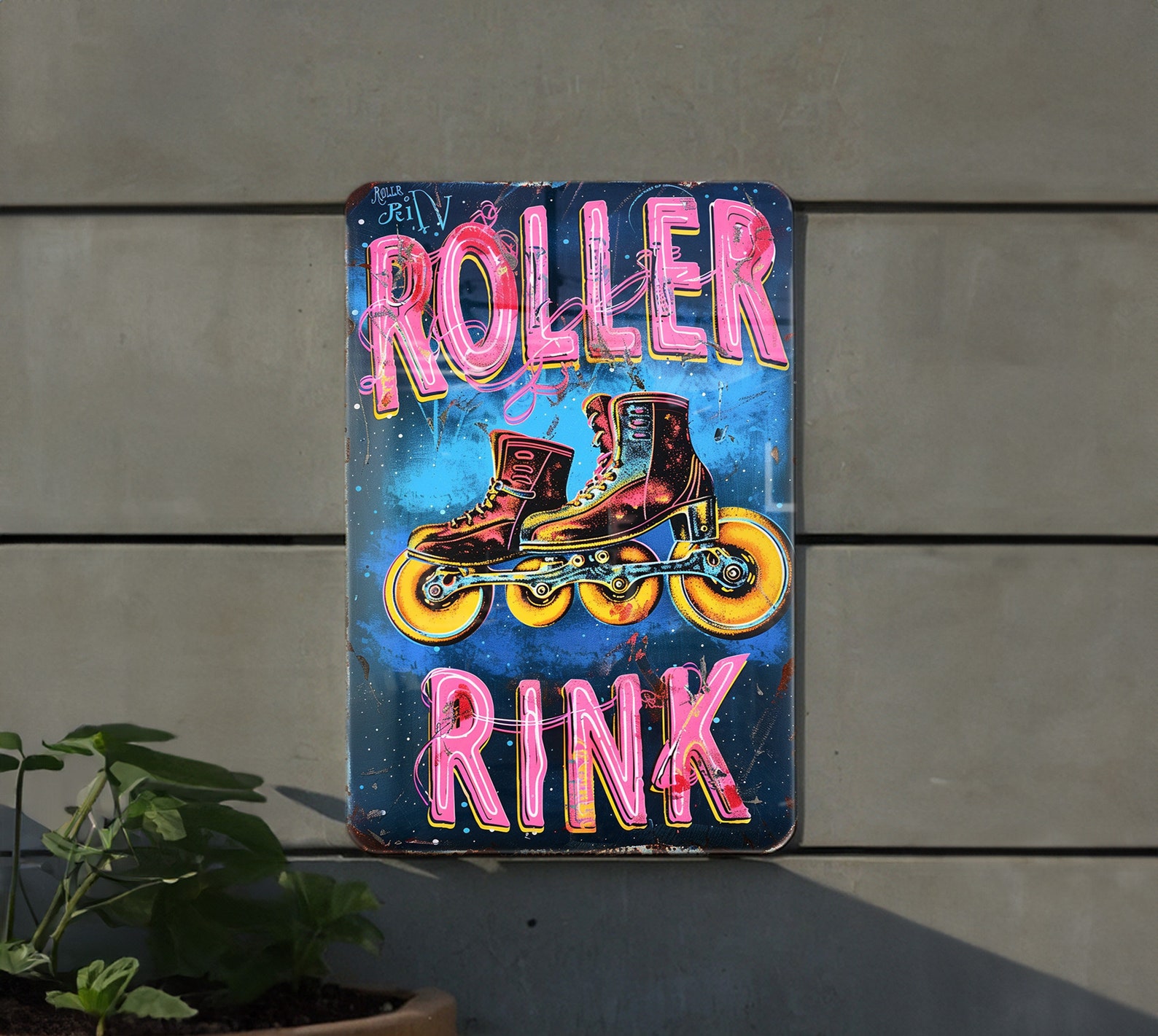 ROLLER RINK Vintage Metal Sign, Neon Skates Illustration, Fun Skating ...