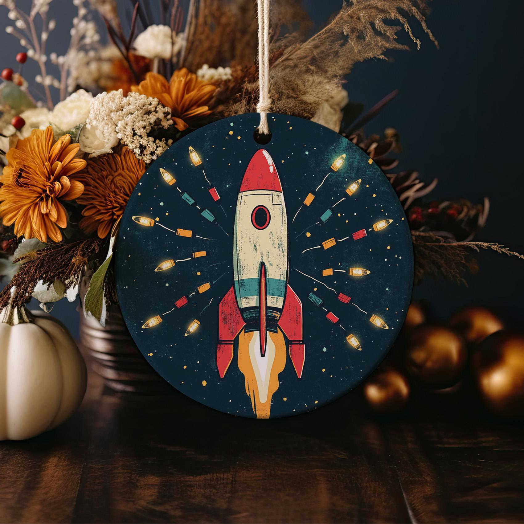 Retro Rocket Ship Ceramic Ornament, Holiday Lights Decor, Circular ...