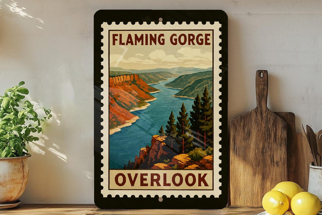 Flaming Gorge Overlook Metal Sign – Vintage Stamp Style Wall Art for ...