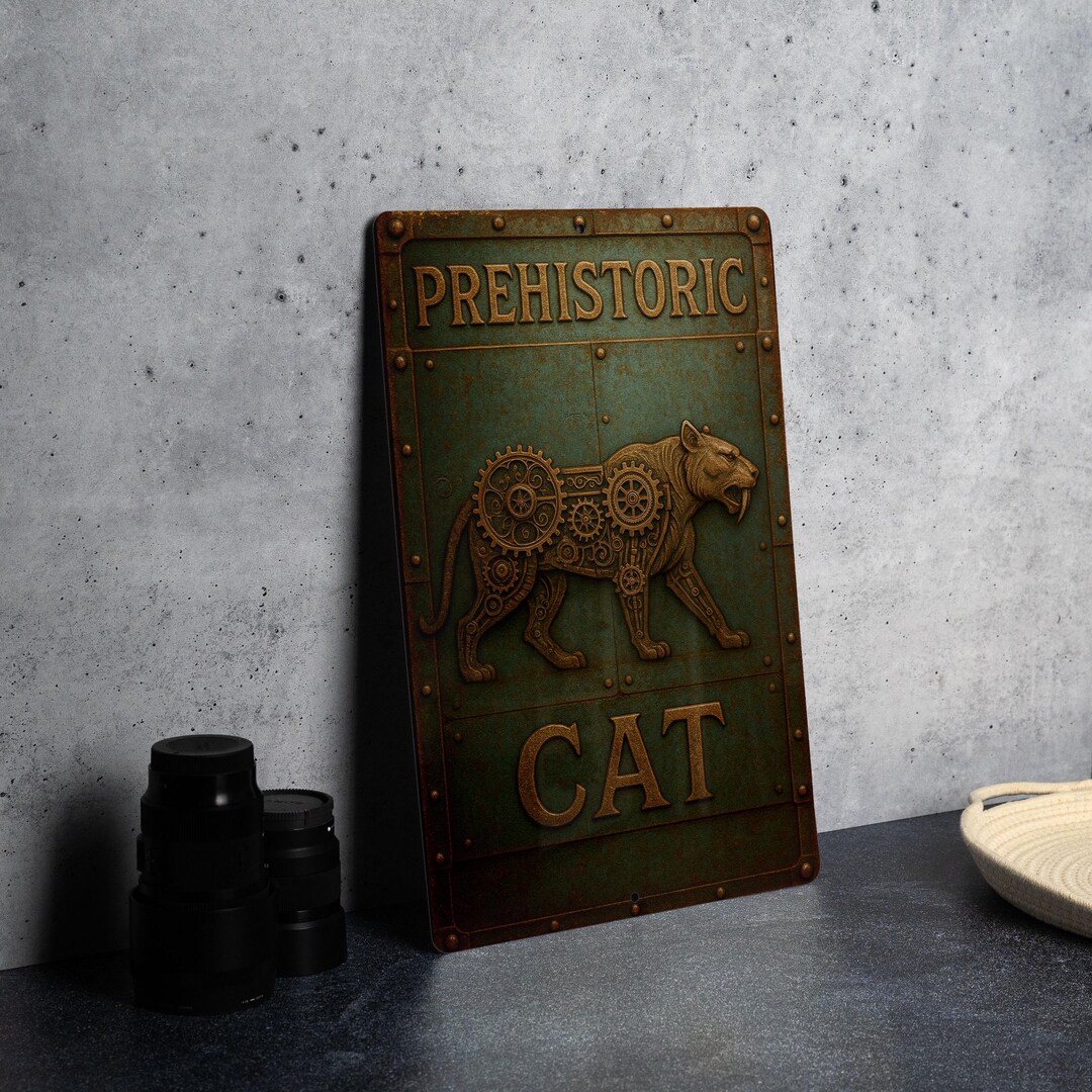 Steampunk Prehistoric Cat Metal Sign – Industrial Tin Art, Aged Copper ...